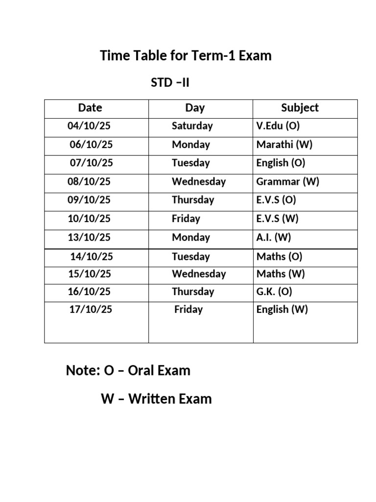 Time Table For Term-1 Exam | PDF