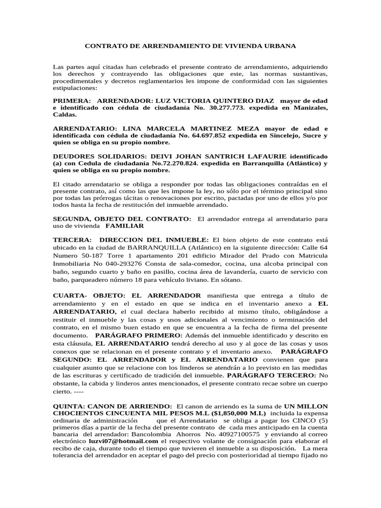 Contrato Mirador Prado Nov 28 Lina Martinez | PDF | Pagos | Daños y ...