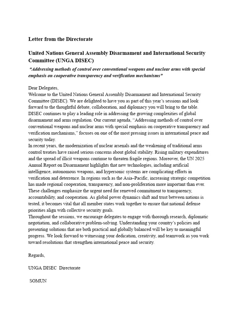 Letter From The UNGA DISEC Directorate | PDF