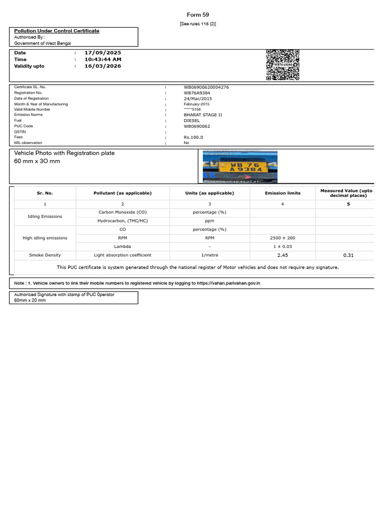 Vehicle Photo With Registration Plate 60 MM X 3O MM: Pollution Under ...
