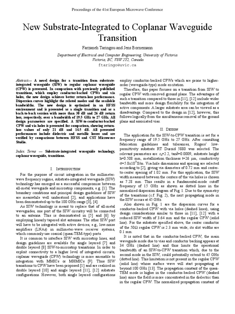 New Substrate-Integrated To Coplanar Waveguide Transition: Farzaneh Taringou and Jens Bornemann ...