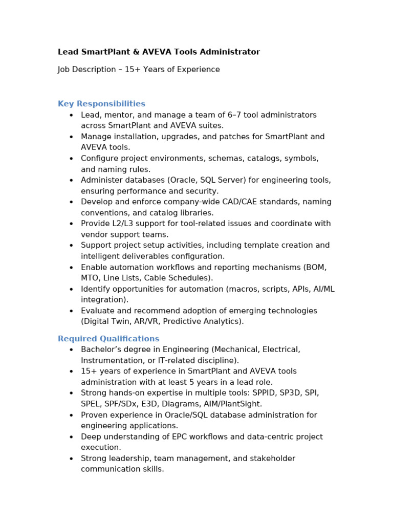 SmartPlant & AVEVA Tools Admin Lead Role | PDF | Databases | Automation