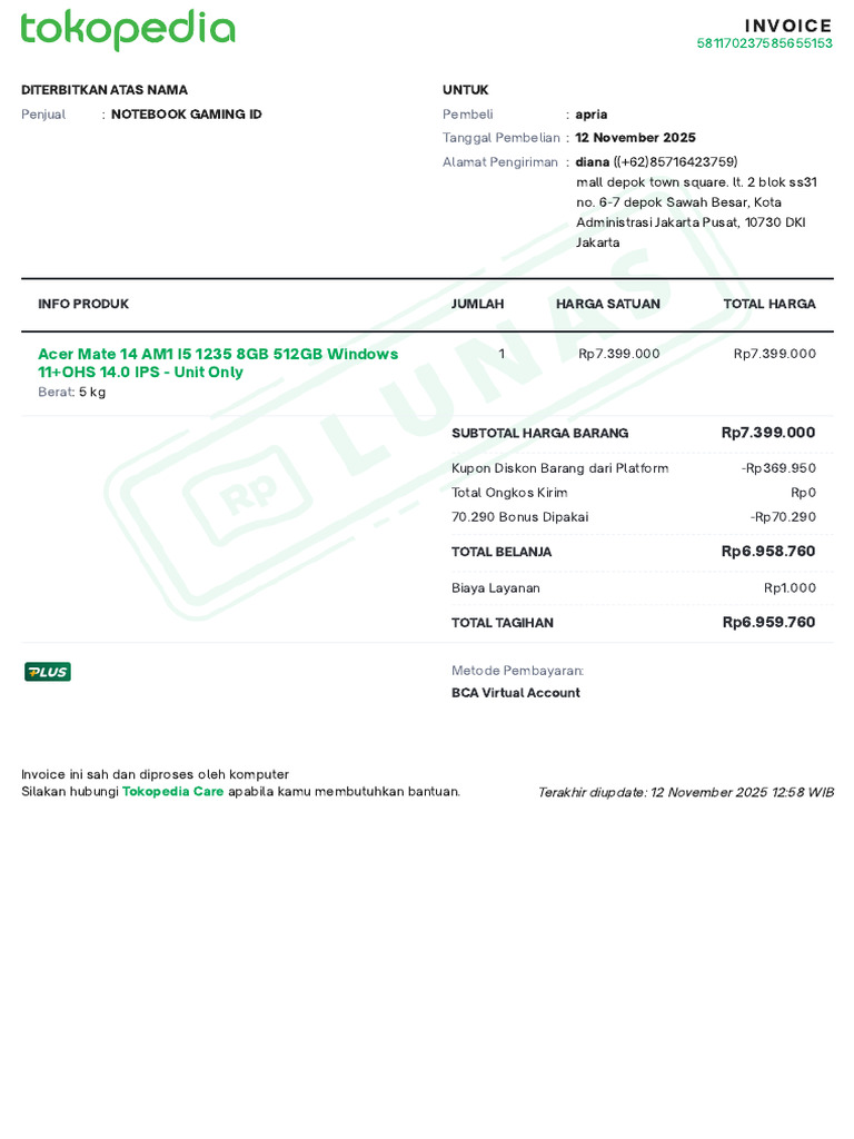 Invoice Pembelian Acer Mate 14 di Tokopedia | PDF