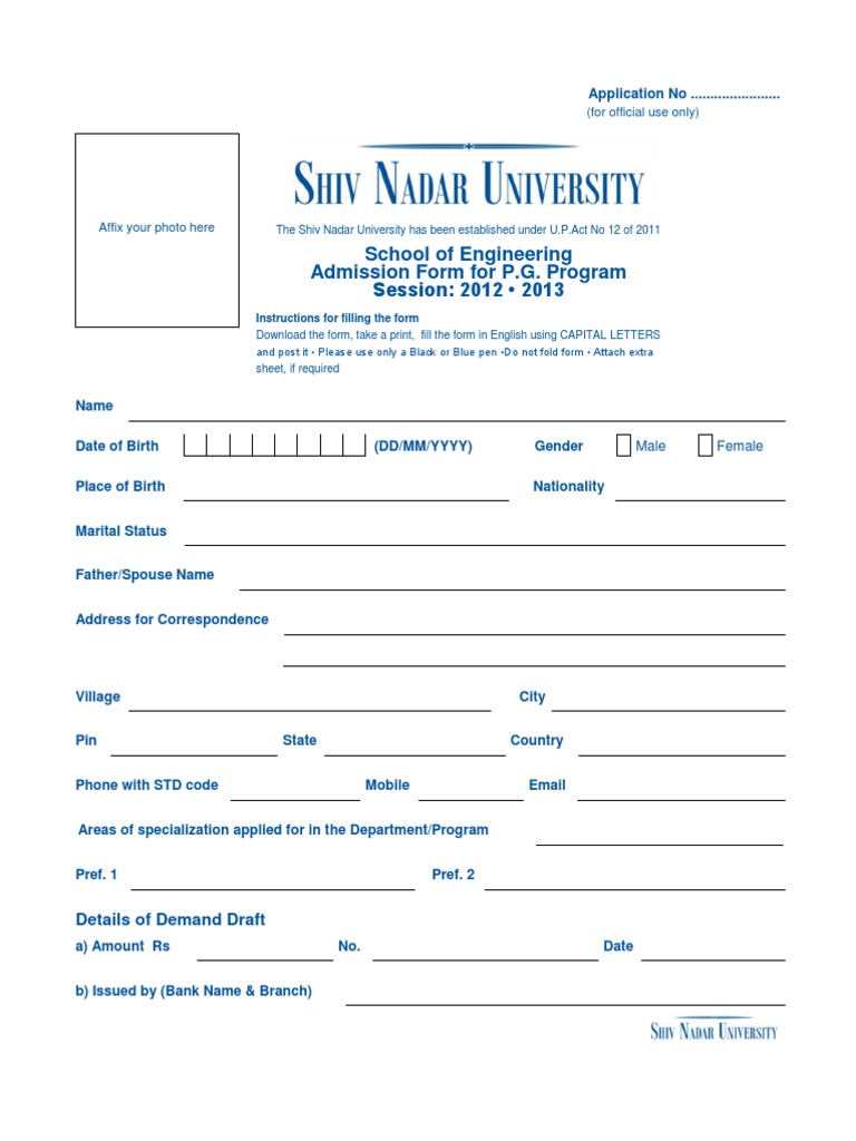 School of Engineering Admission Form For P.G. Program Session: 2012 ...