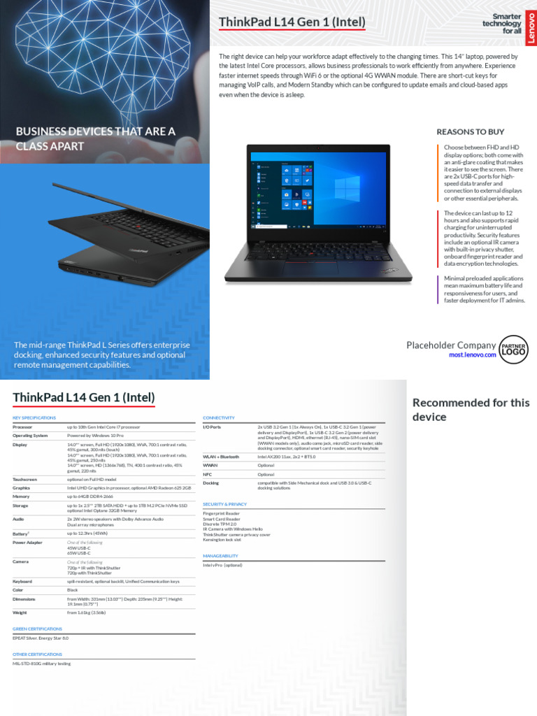 ThinkPad L14 Gen 1 Intel Datasheet En | PDF | Usb | Personal Computing