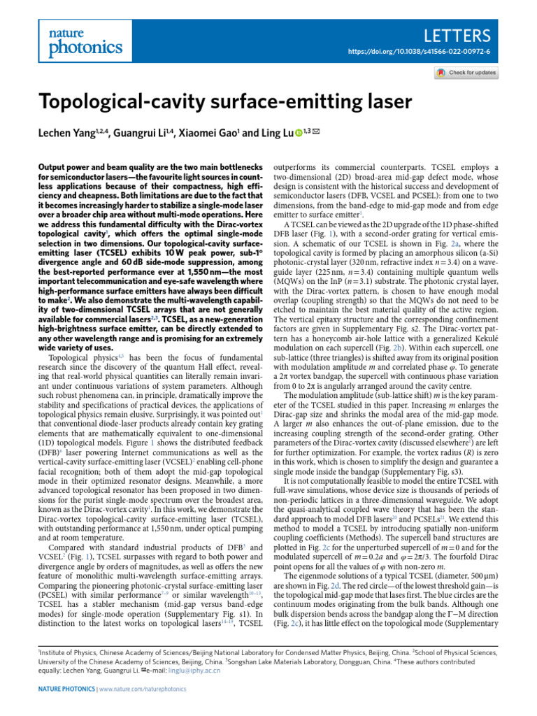 Topological Cavity Surface Emitting Laser-2022-NP | PDF | Laser | Laser ...