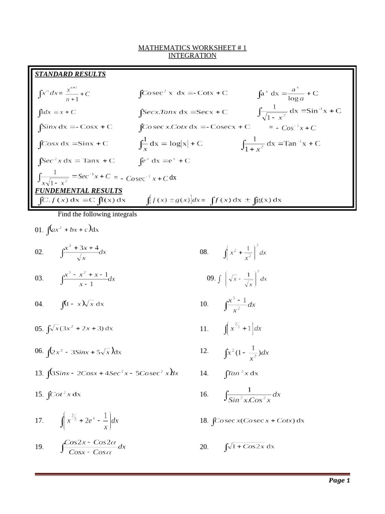 Integration Worksheet 1 97 - 2003 | PDF | Calculus