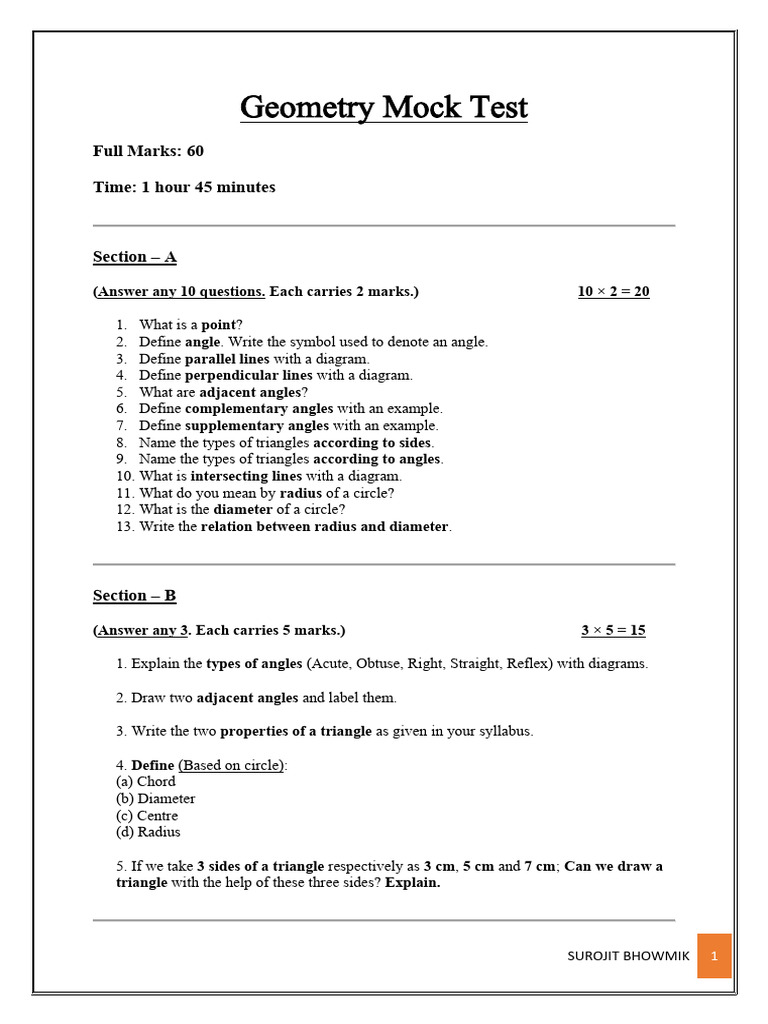 Geometry Mock Test for Students | PDF
