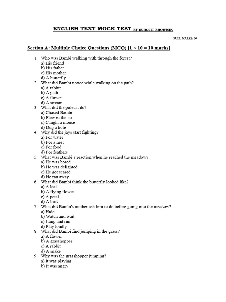 Bambi English Mock Test Questions | PDF