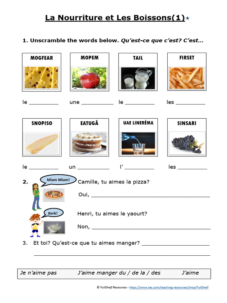 French Food and Drink Worksheets Fiches | PDF