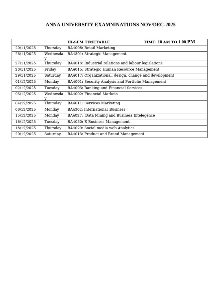 Anna University Nov/Dec 2025 Exam Timetable | PDF