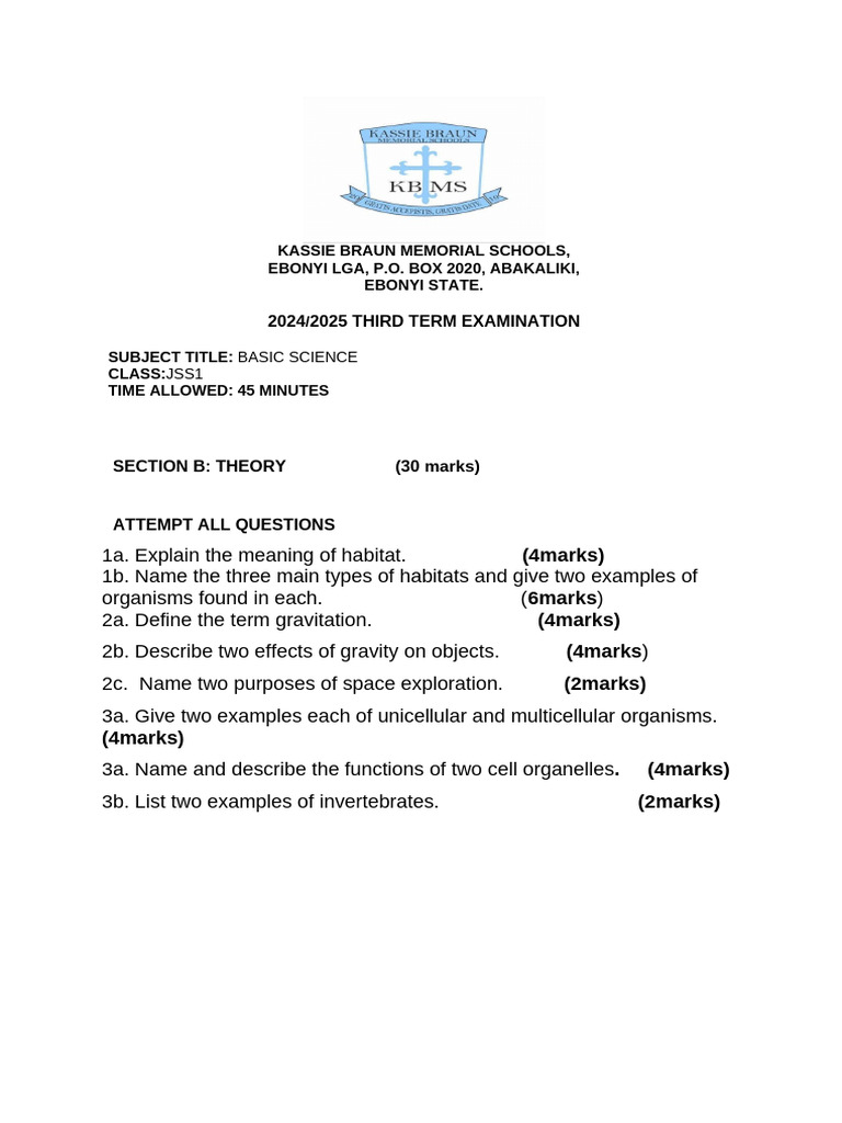 Jss1 Third Term Basic Sc. Session B Exam | PDF