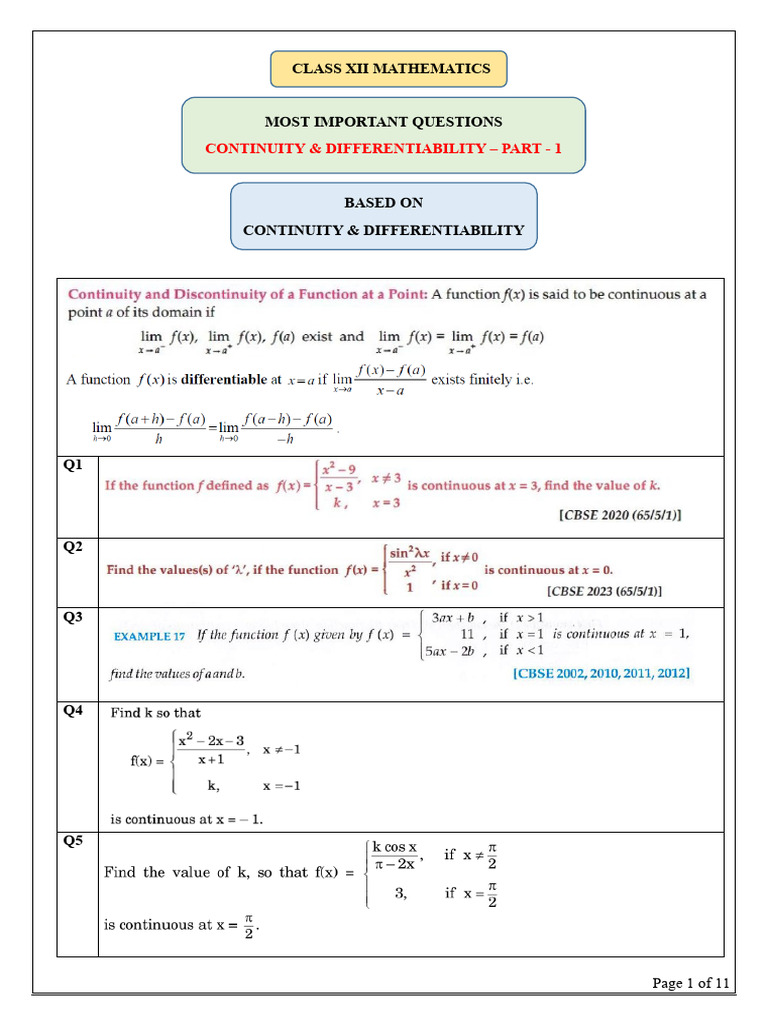 5q. Class Xii Maths (Continuity & Differentiability) Most Important Questions (2025-26) | PDF