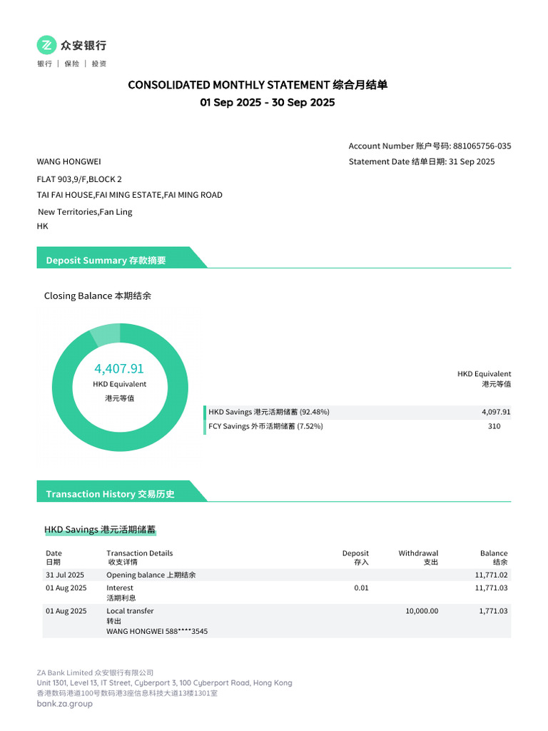 ZA Bank Monthly Statement Summary | PDF | Visa Inc. | Cash