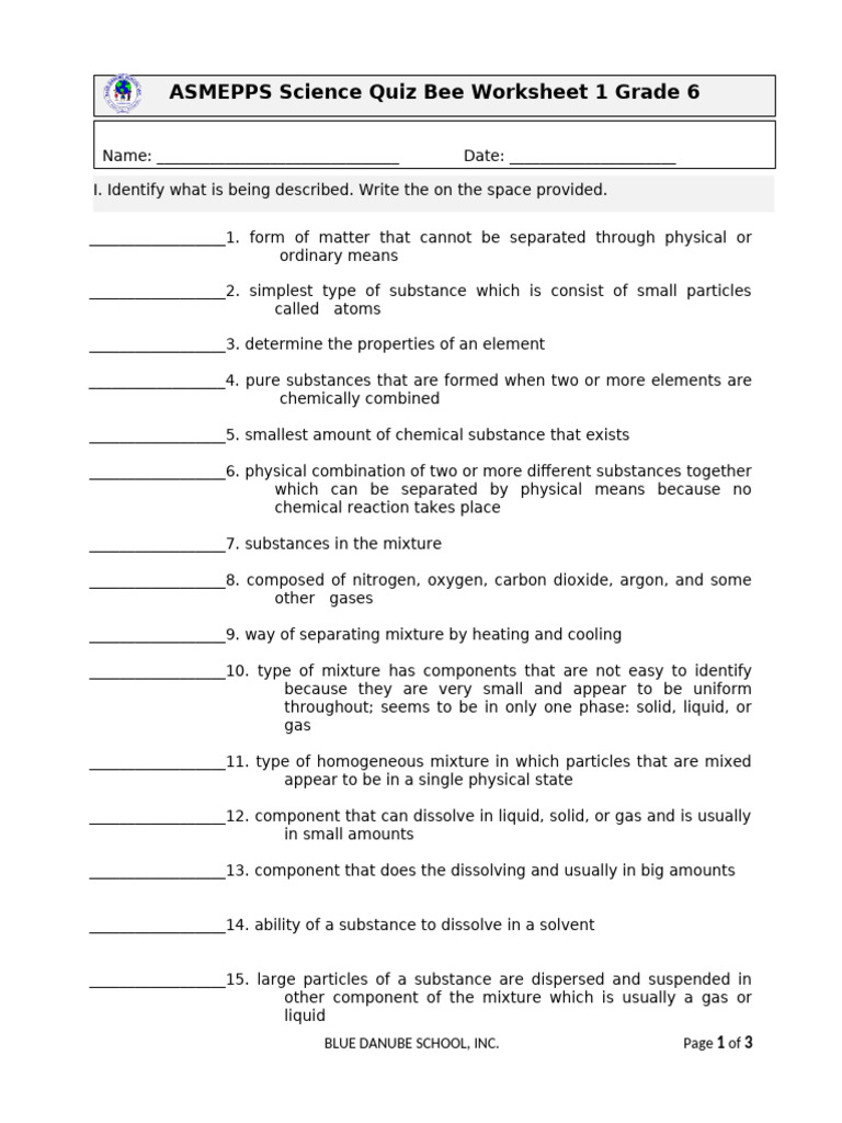 G6 ASMEPPS Science Quiz Bee Worksheet 1 | PDF | Mixture | Chemical Substances