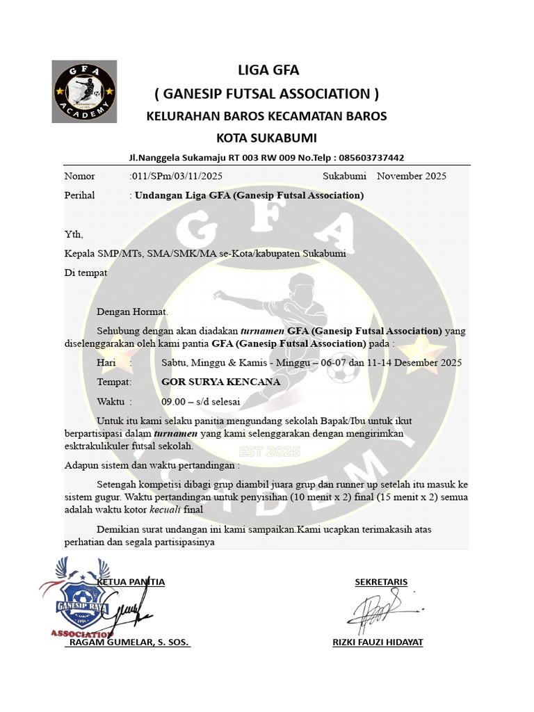Undangan Turnamen Futsal Liga GFA 2025 | PDF