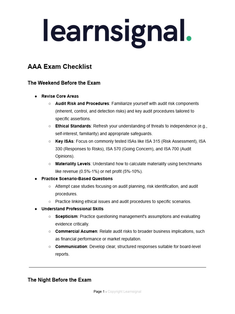 ACCA AAA Exam Checklist Learnsignal | PDF | Audit | Risk