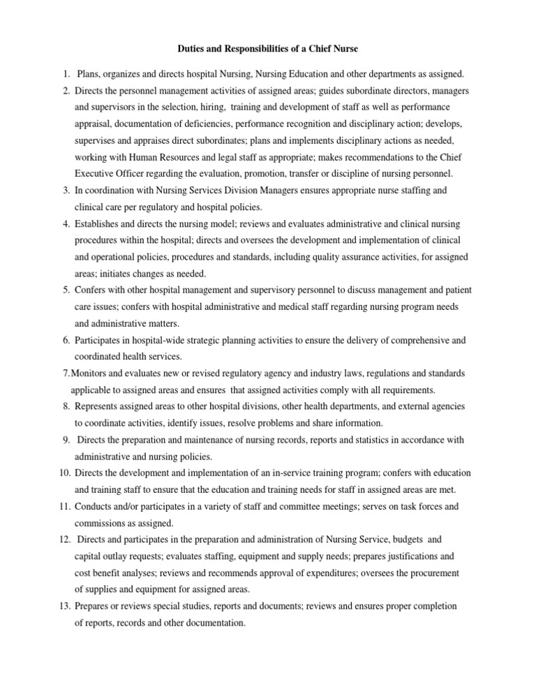 Chief Nurse Duties and Responsibilities | PDF | Nursing | Hospital