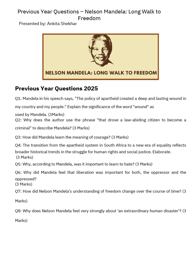 Previous Year Questions Nelson Mandela | PDF | Nelson Mandela