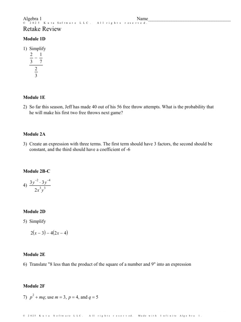 Algebra 1 Retake Review Worksheet | PDF