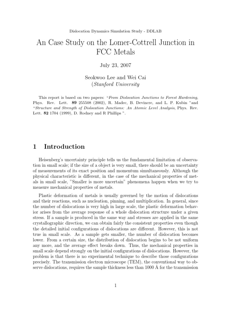 An Case Study On The Lomer-Cottrell Junction in FCC Metals: July 23 ...