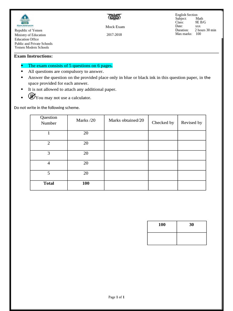 2017-2018 Math Mock Exam for Class 9E | PDF