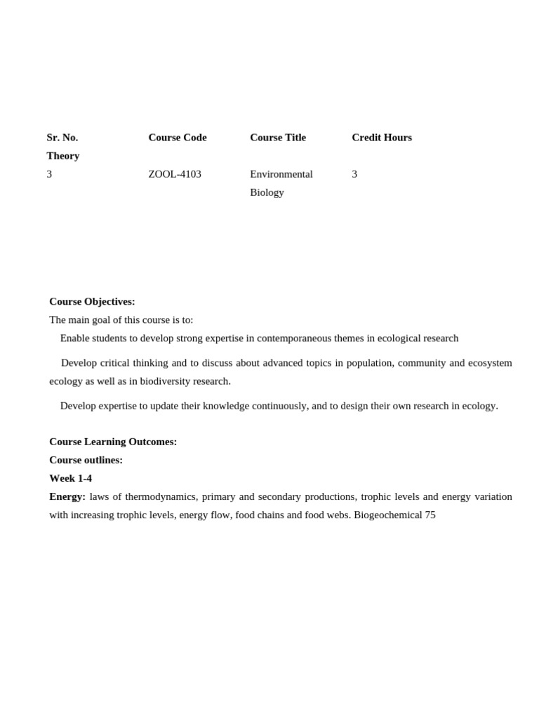 Environmental Biology 16 Week Plan Course | PDF | Ecosystem | Ecology