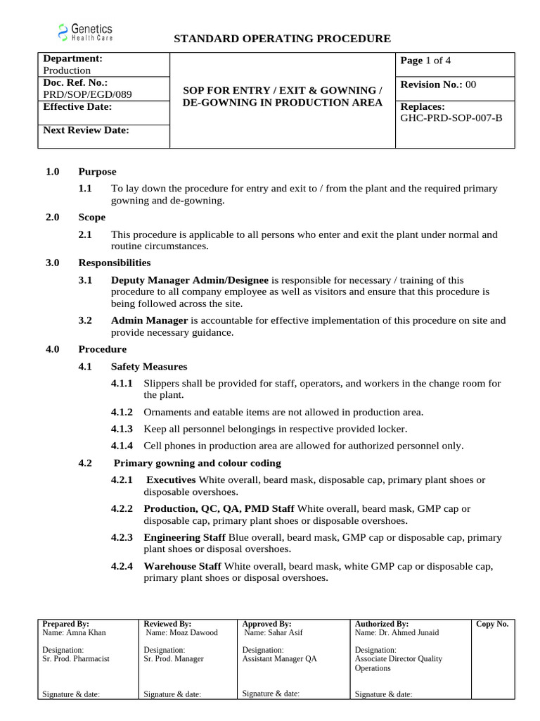SOP for Gowning in Production Area | PDF | Fashion | Clothing