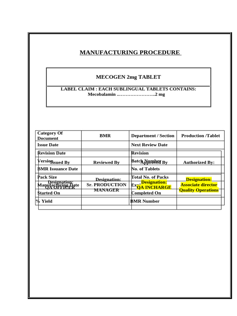 Mecogen 2mg Tablet Manufacturing Record | PDF | Tablet (Pharmacy)