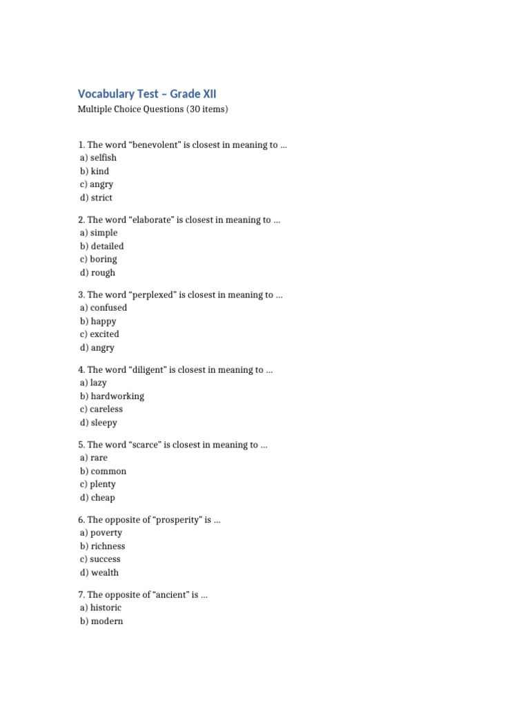 Vocabulary Test Grade12 30Q | PDF | Adjective | Linguistics