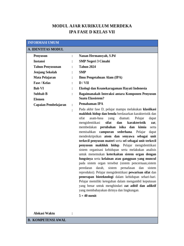 Modul Ajar IPA Kelas VII: Ekosistem | PDF