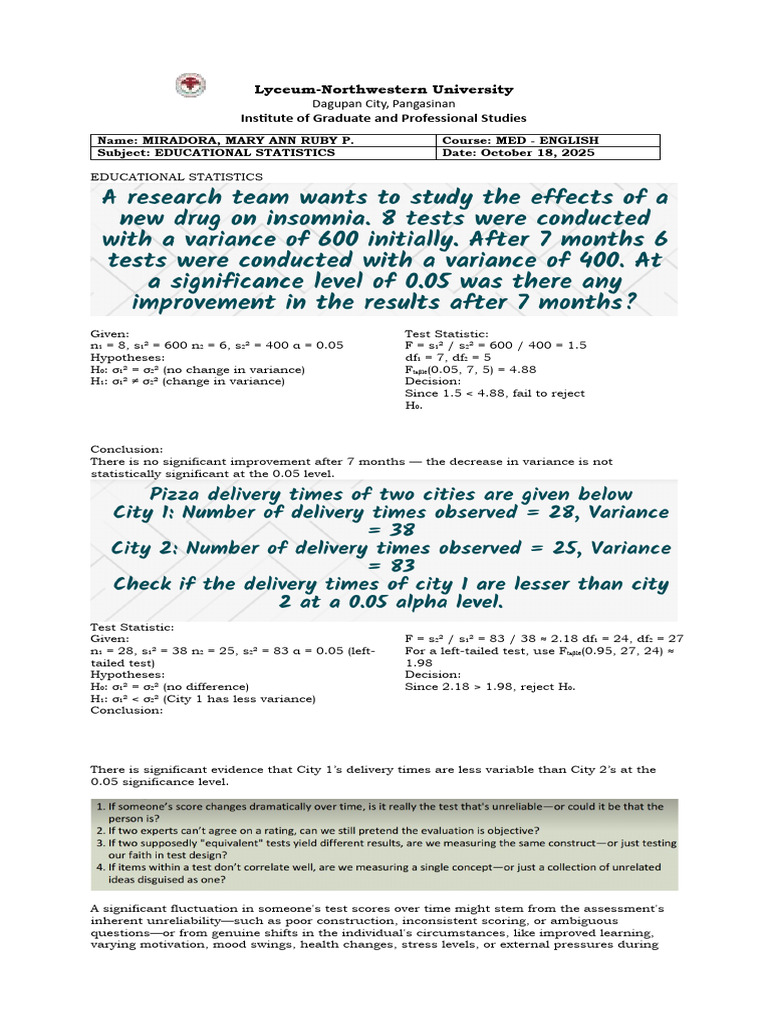 Miradora, Mary Ann Ruby P. 10-18-2025 Educ Stats | PDF | Evaluation ...