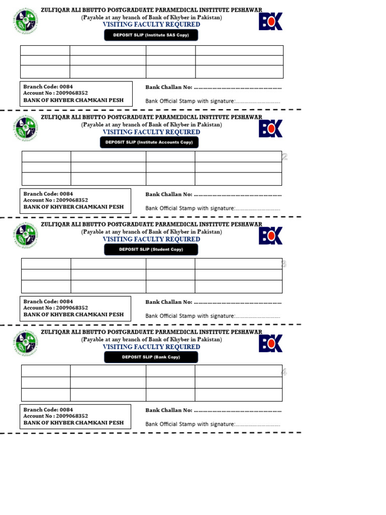 Bank Challan Form ZAB PGPI Peshawar 2025 Visiting Faculty | PDF ...