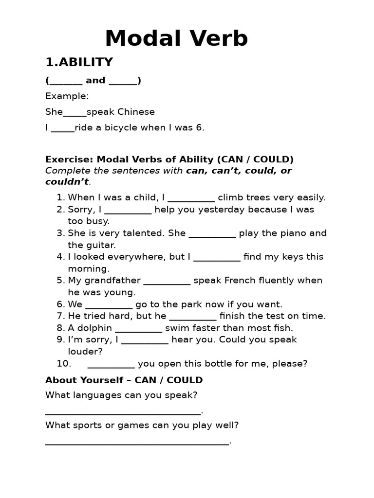 Modal Verbs: Ability, Permission, Advice, Obligation, Possibility | PDF ...