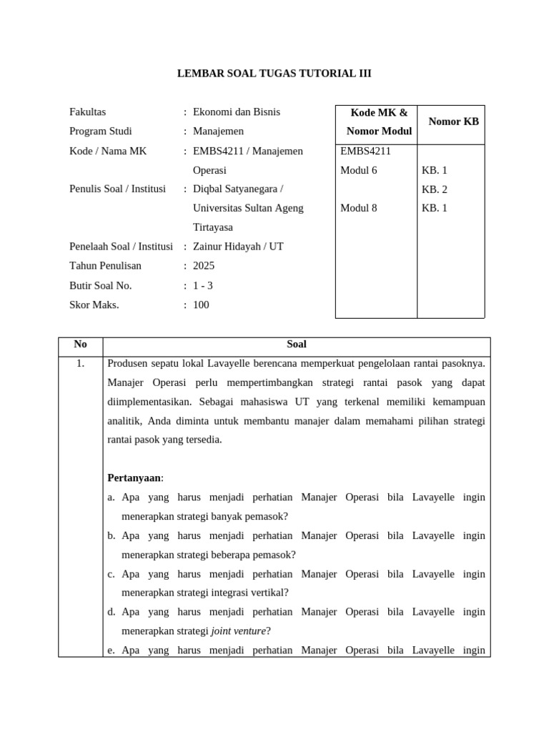 Tugas Tuton Ke 3 - Manajemen Operasi - Azriel Lizwaril (052091532) - Prodi Manajemen | PDF