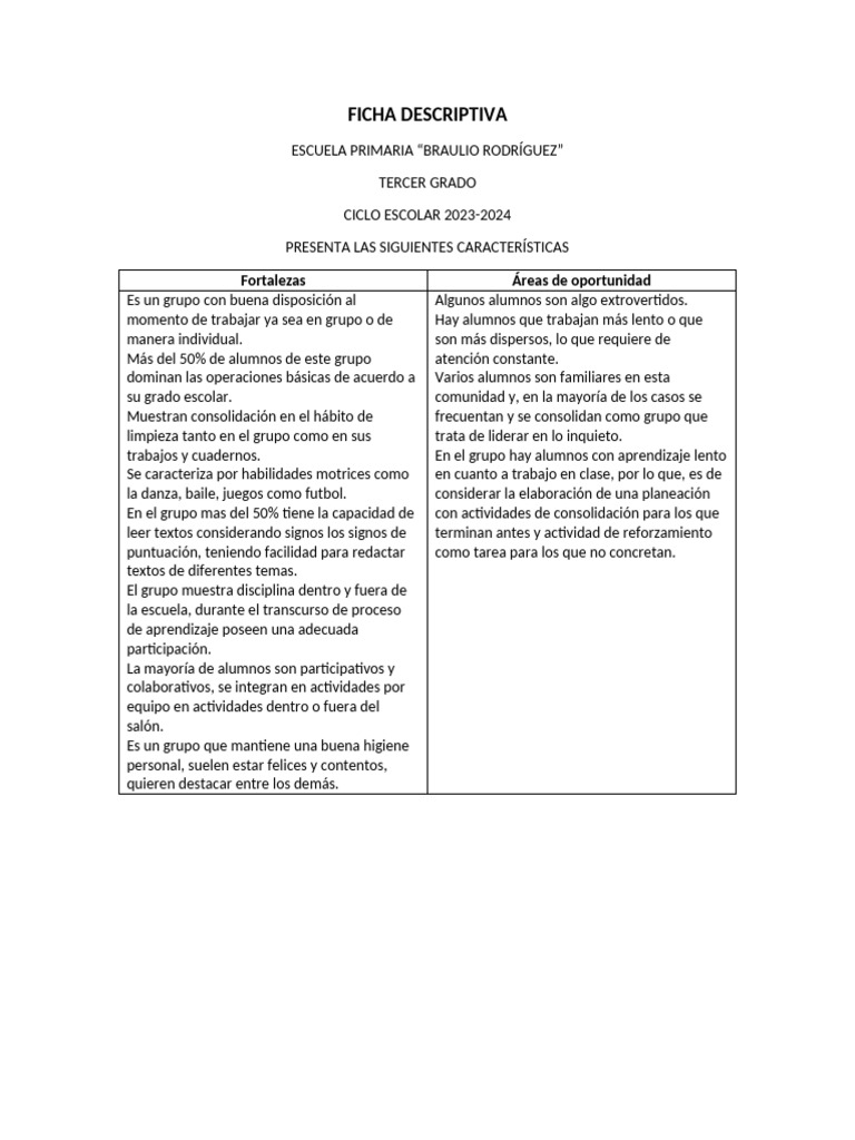 Ficha Descriptiva | PDF | Educación primaria | Cognición