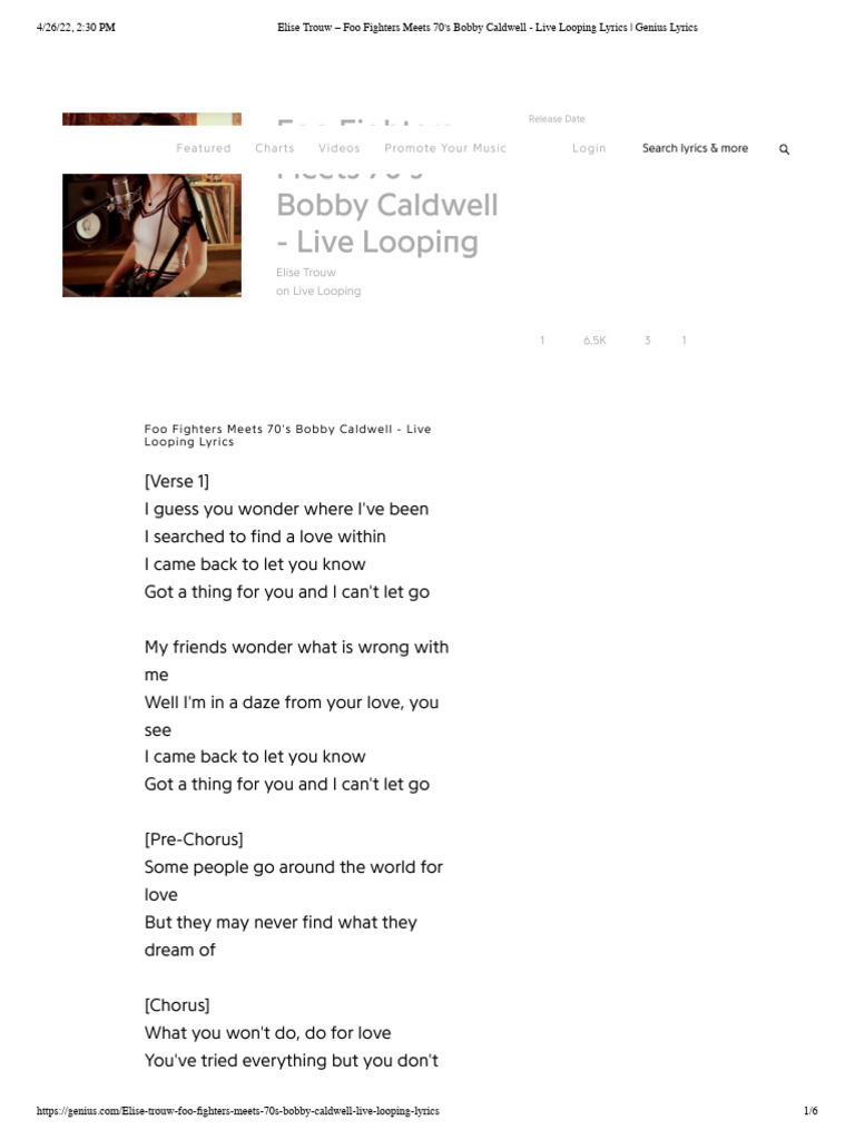 Elise Trouw – Foo Fighters Meets 70's Bobby Caldwell - Live Looping Lyrics _ Genius Lyrics | PDF ...
