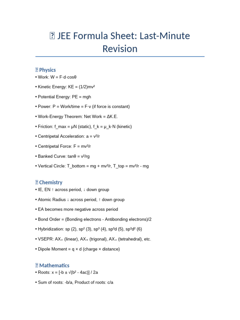 JEE Formula Sheet Revision | PDF