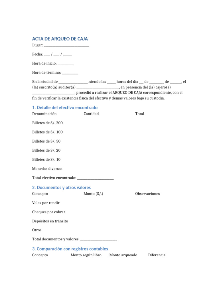 Acta de Arqueo de Caja | PDF
