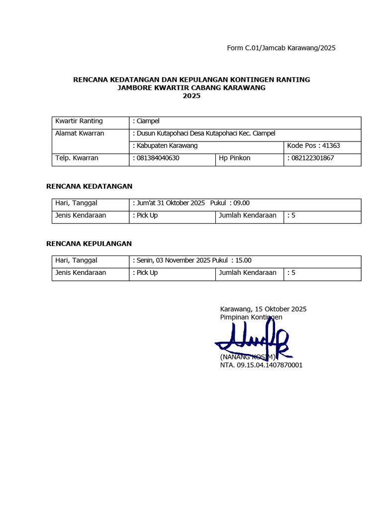 Rencana Kontingen Jambore Karawang 2025 | PDF