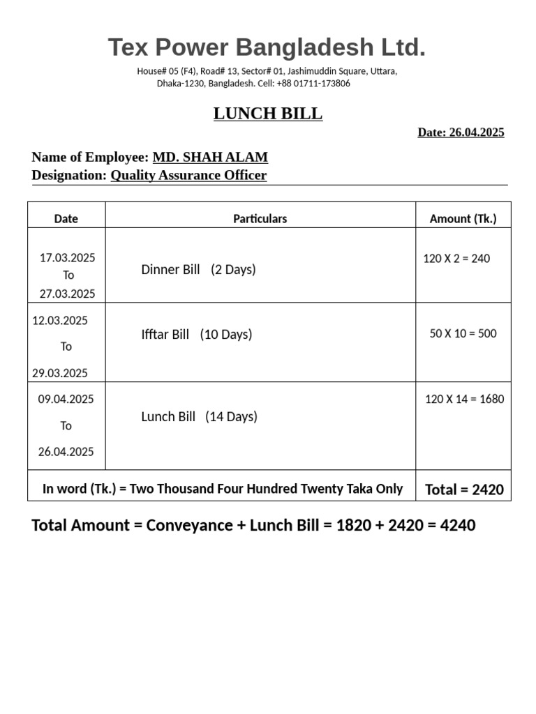 06.04.2025 Lunch Bill | PDF