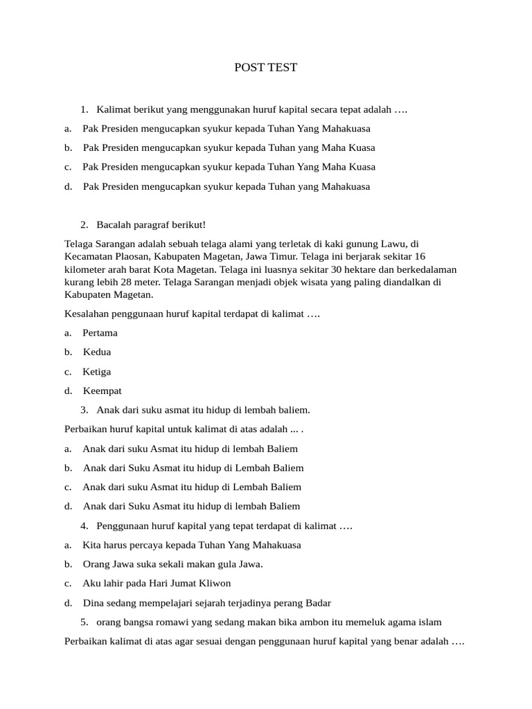POST TEST Huruf Kapital Dan Tanda Baca Kelas 7 | PDF