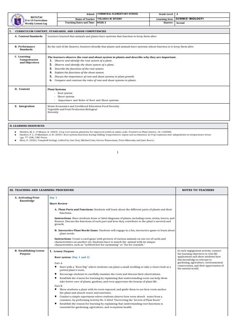 Grade 4 Science: Plant Systems Lesson Plan | PDF | Root | Plants