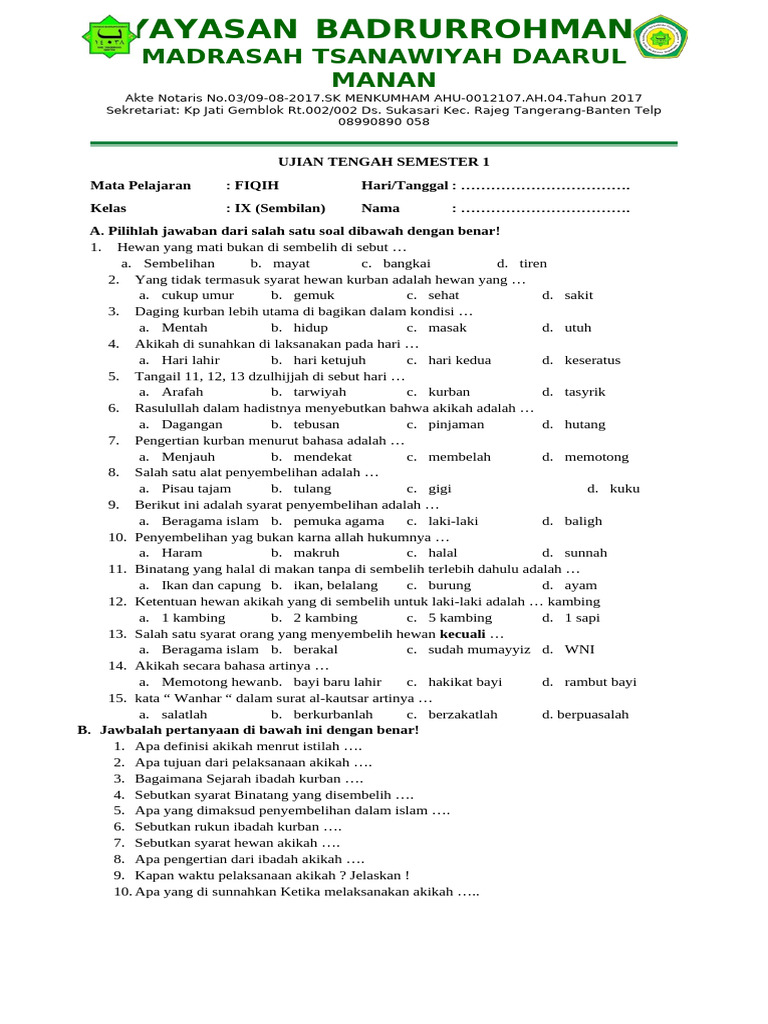 Soal PTS Ganjil MTS Fiqih | PDF