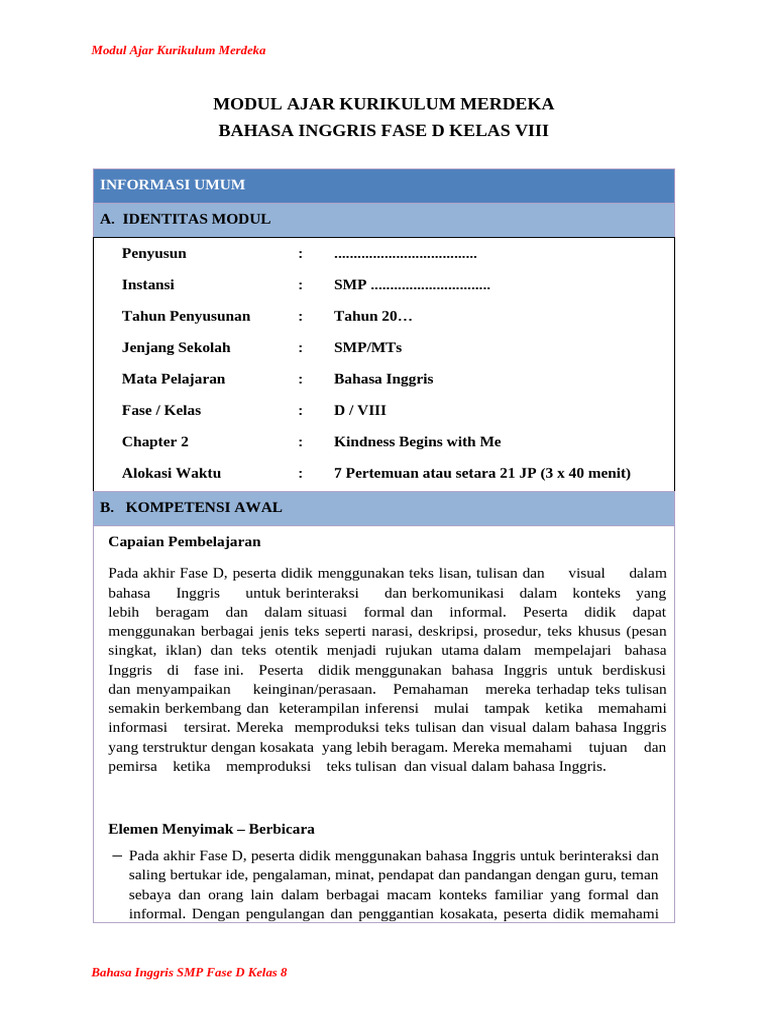 Modul Ajar Kurikulum Merdeka Bahasa Inggris Fase D Kelas Viii | PDF