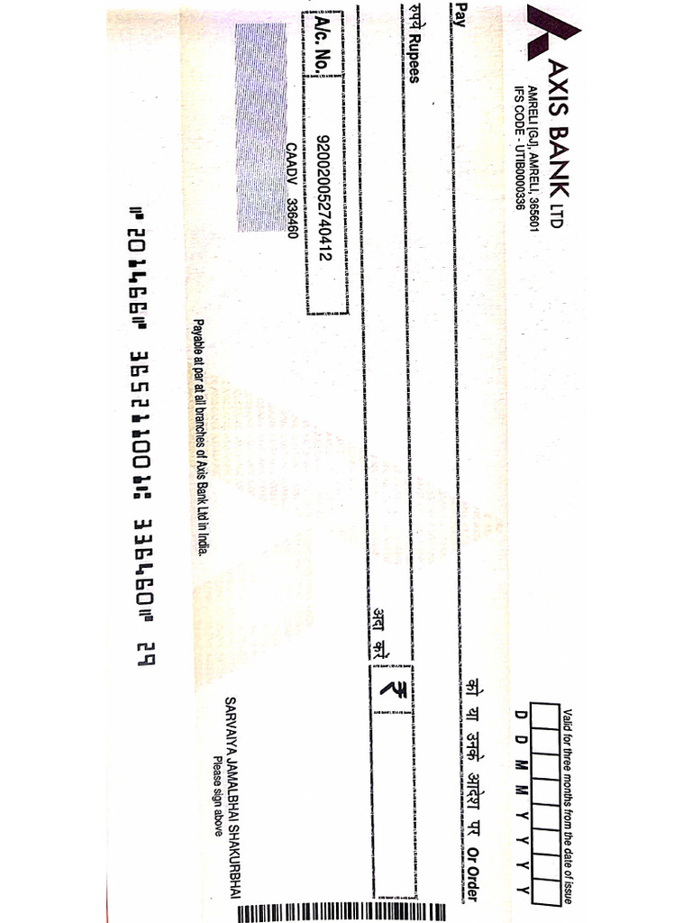 Jamalbhai Shakurbhai Sarvaiya - Axis Bank Check Book | PDF
