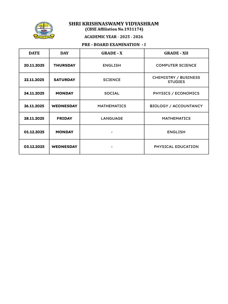 Grade - X & XII - Pre - Board Timetable | PDF