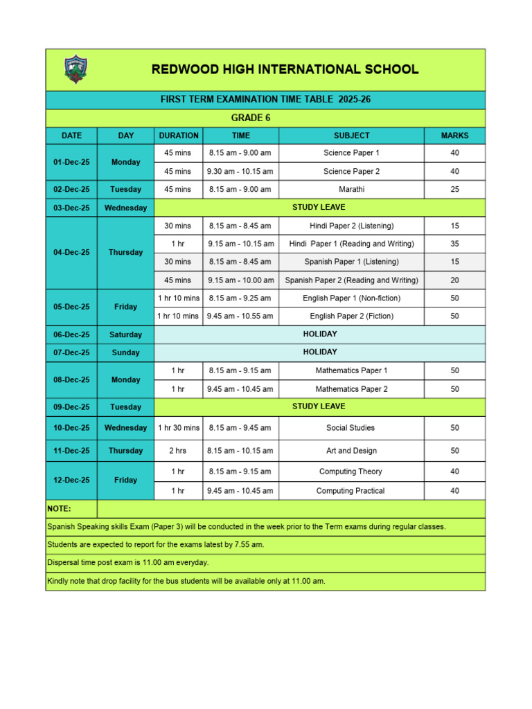 Grade 6 Term 1 Exam TT | PDF
