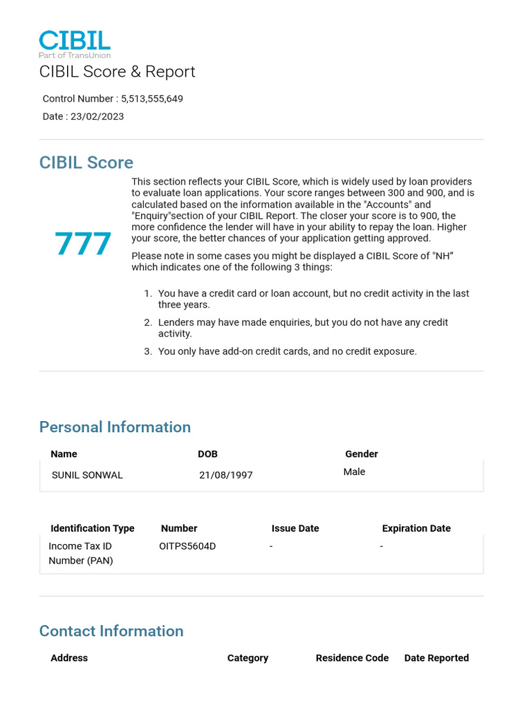 Sunil Cibil Report Golu | PDF | Credit | Finance & Money Management
