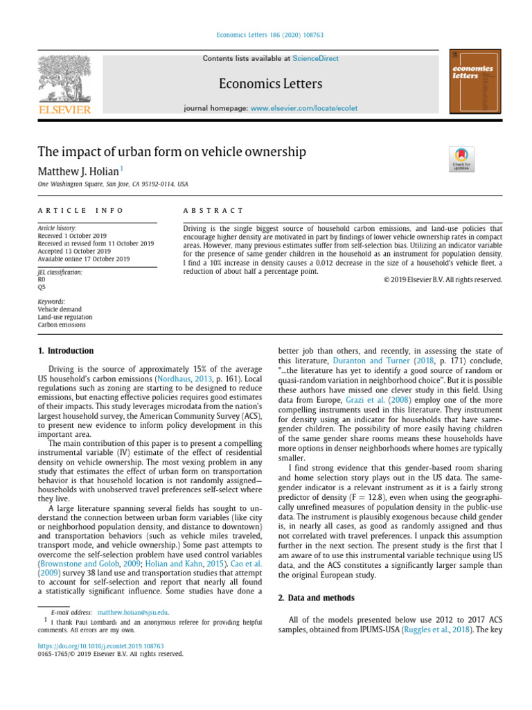 The Impact of Urban Form on Vehicle Ownership (Matthew J. Holian, 2020 ...